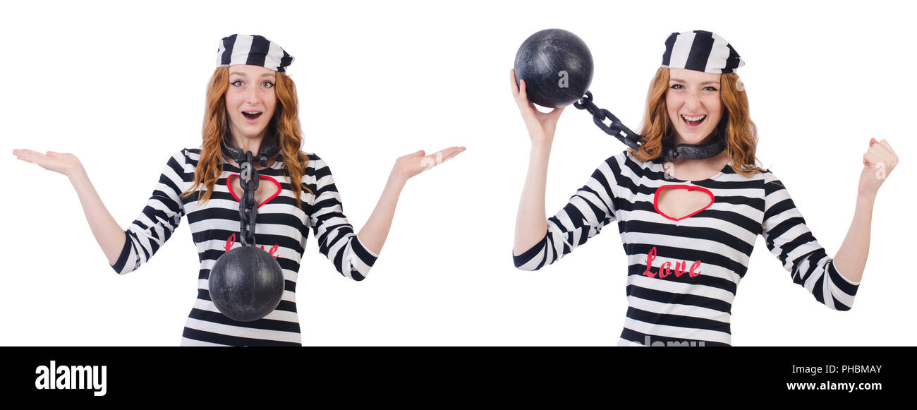 Young smiling woman-prisoner isolated on white Stock Photo - Alamy