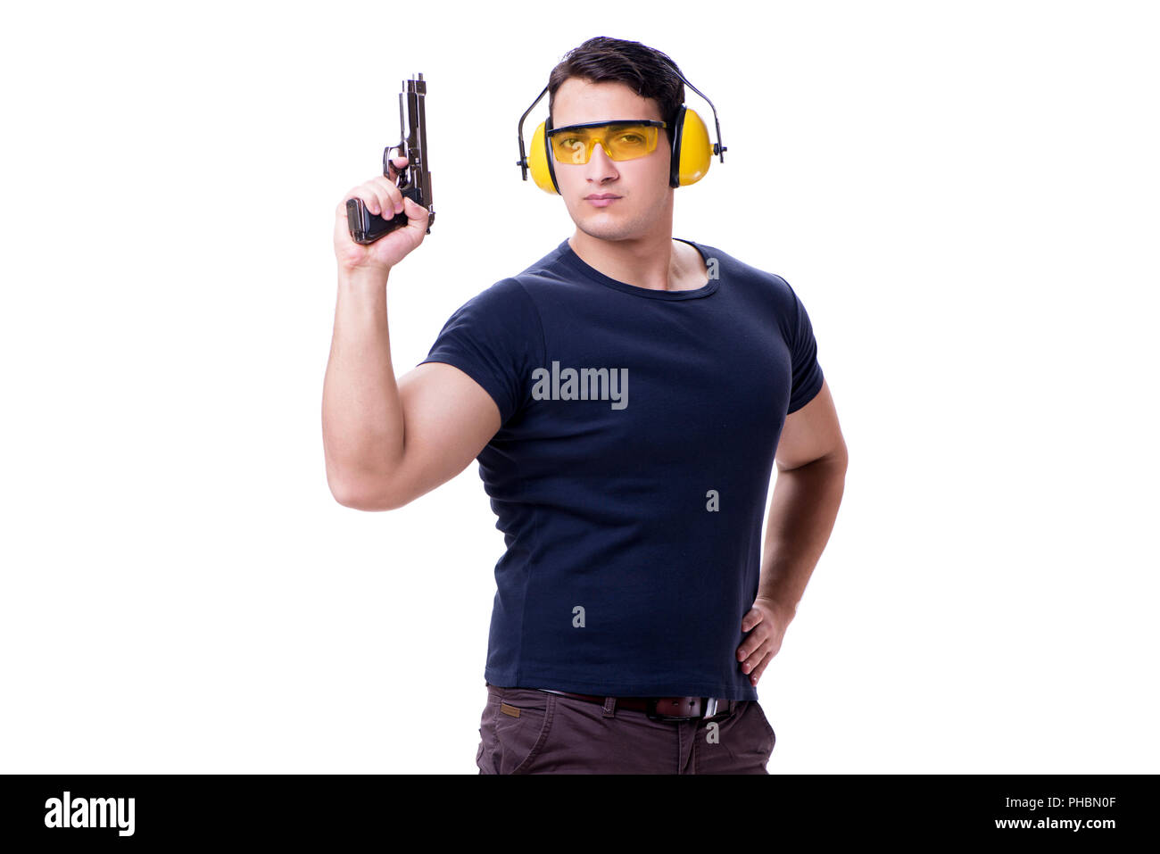 Man doing sport shooting from gun isolated on white Stock Photo - Alamy