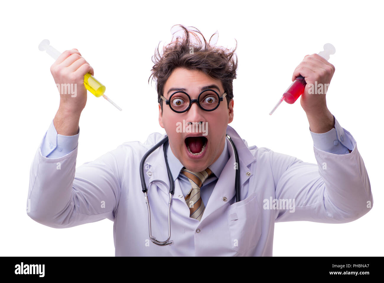 Funny doctor with syringe isolated on white Stock Photo - Alamy