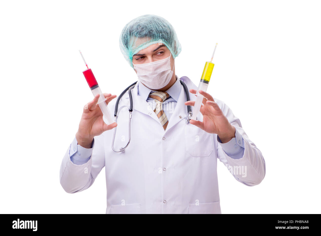 Funny doctor with syringe isolated on white Stock Photo - Alamy