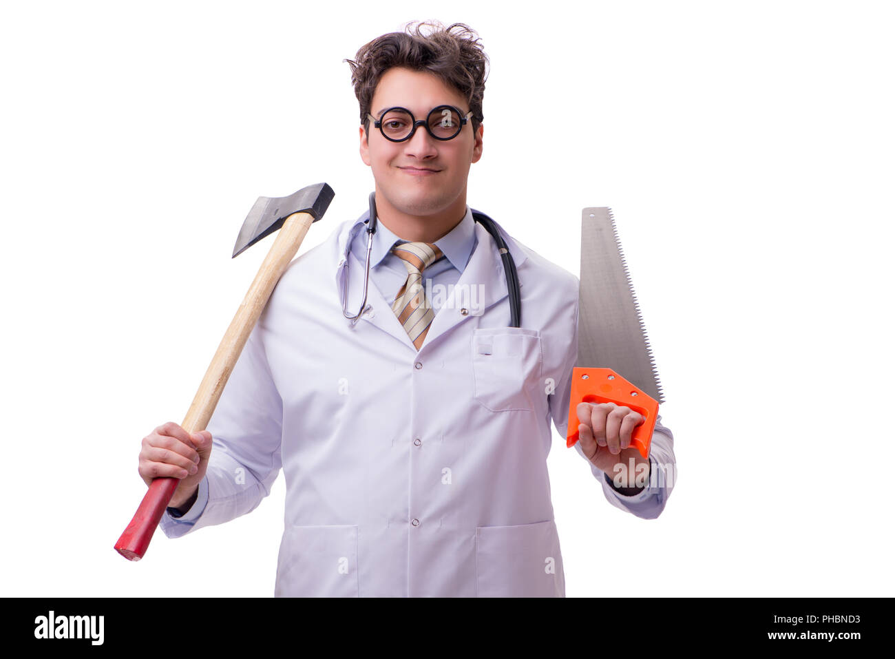 Funny doctor with axe and saw isolated on white Stock Photo - Alamy