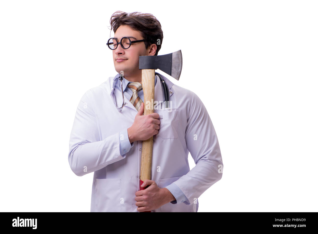 Funny doctor with axe isolated on white Stock Photo - Alamy