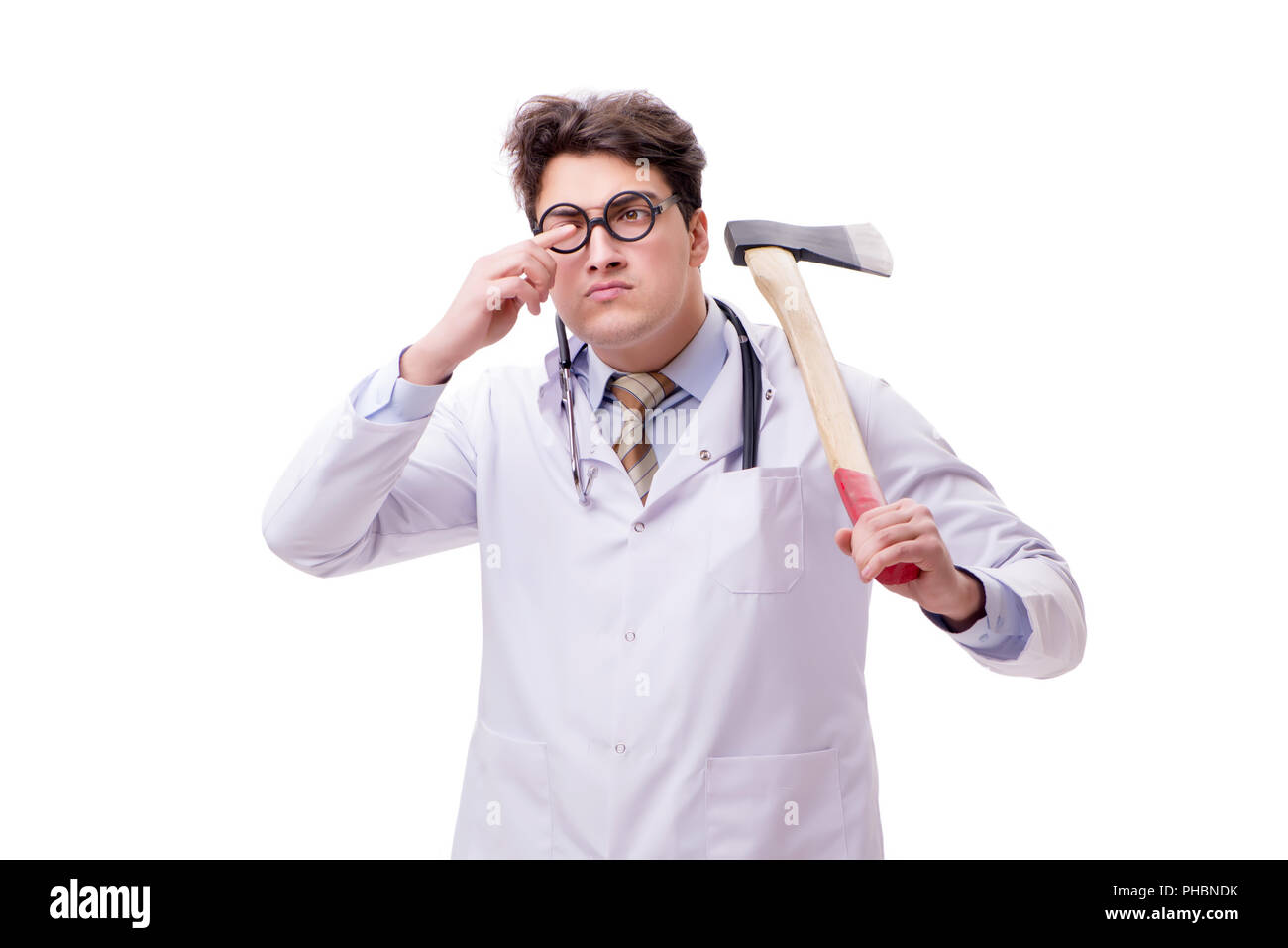Funny doctor with axe isolated on white Stock Photo - Alamy