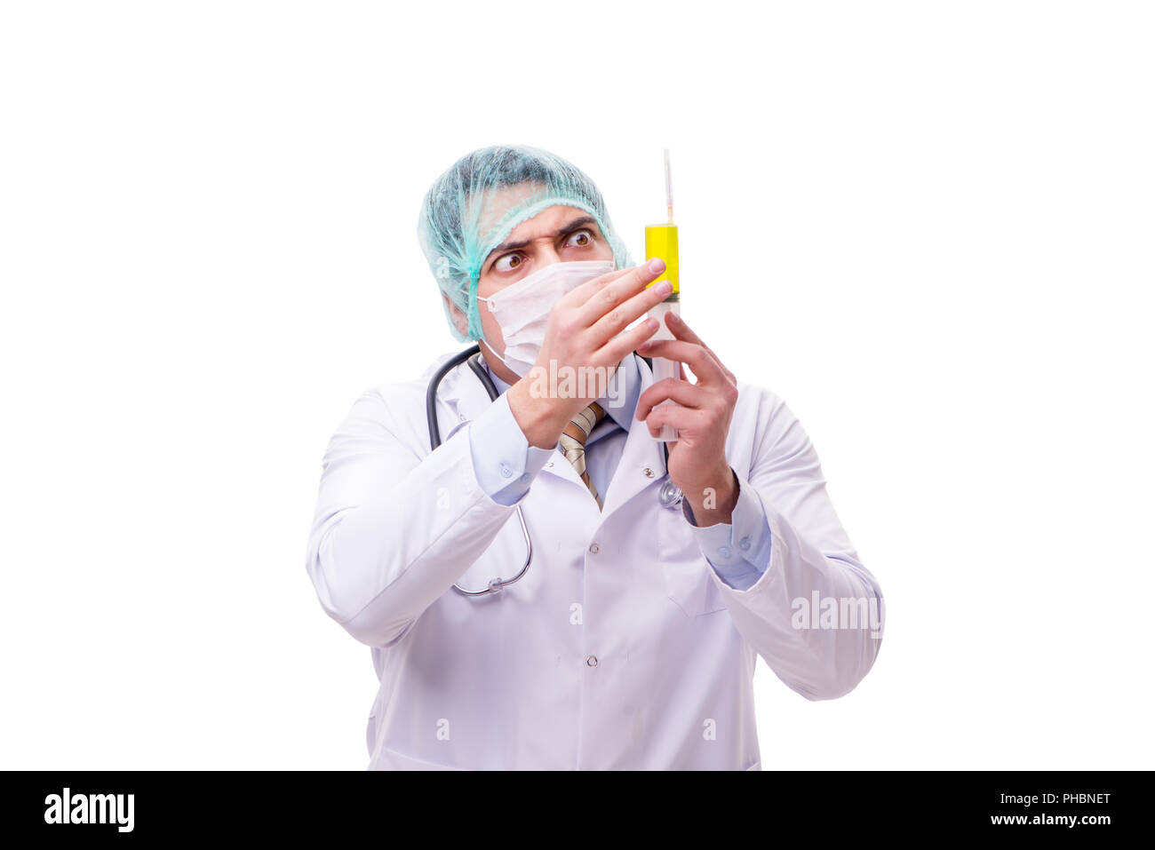 Funny doctor with syringe isolated on white Stock Photo - Alamy