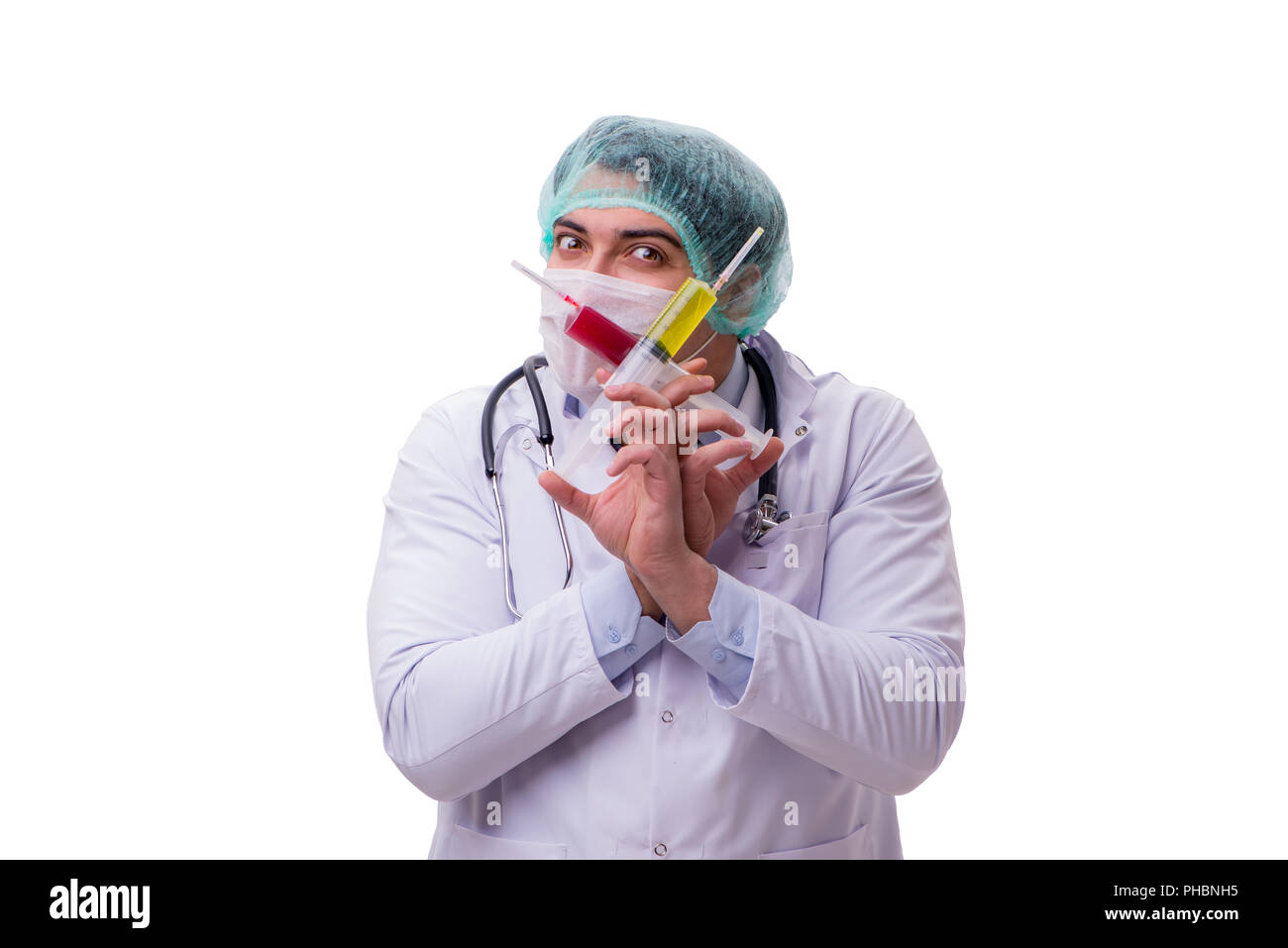 Funny doctor with syringe isolated on white Stock Photo - Alamy