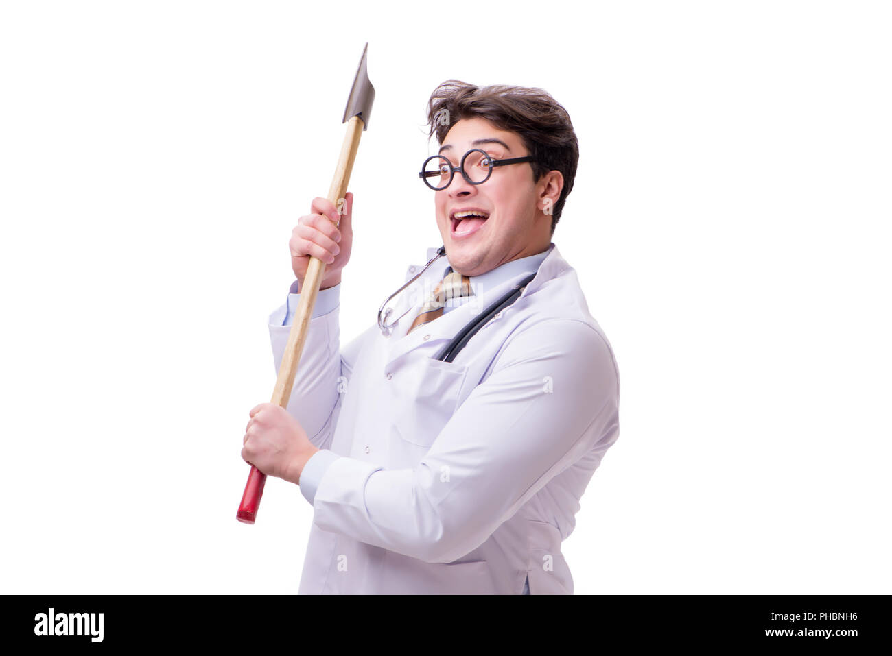 Funny doctor with axe isolated on white Stock Photo - Alamy