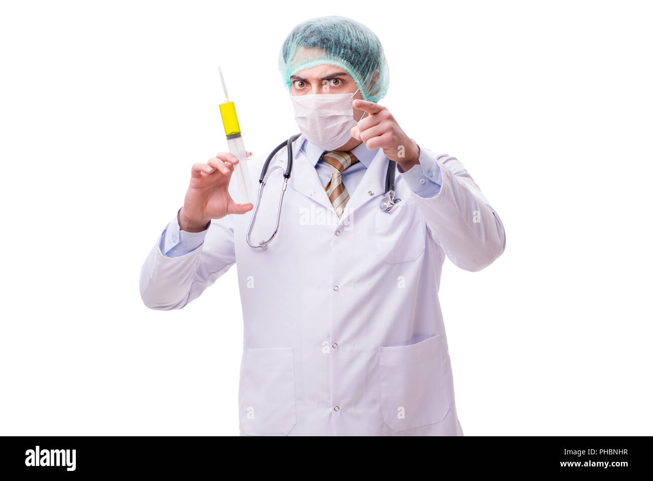 Funny doctor with syringe isolated on white Stock Photo - Alamy
