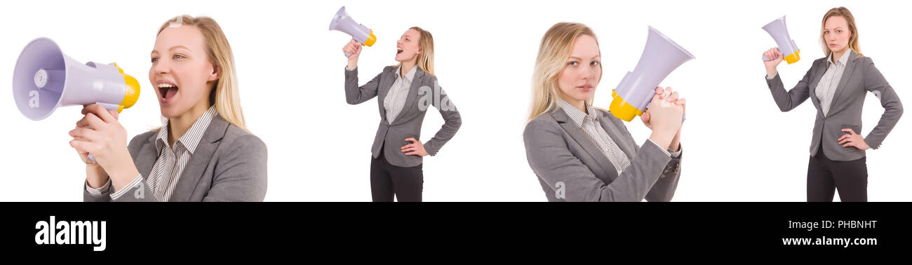 Businesswoman with bullhorn isolated on white Stock Photo - Alamy