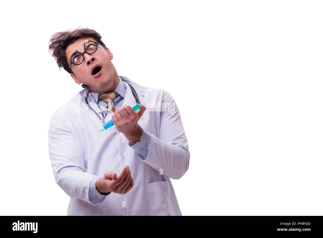 Funny doctor with syringe isolated on white Stock Photo - Alamy
