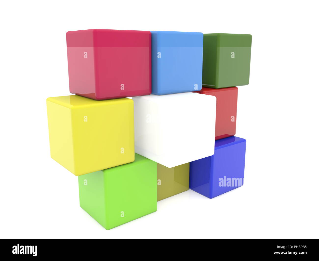 Stacked toy cubes in various colors on white Stock Photo - Alamy