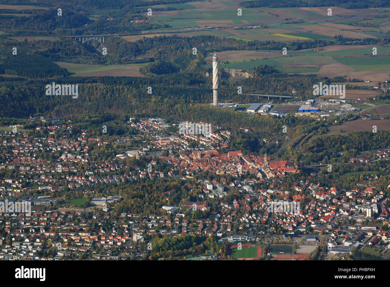 Rottweil cityscape with landmark elevatot test tower Stock Photo - Alamy