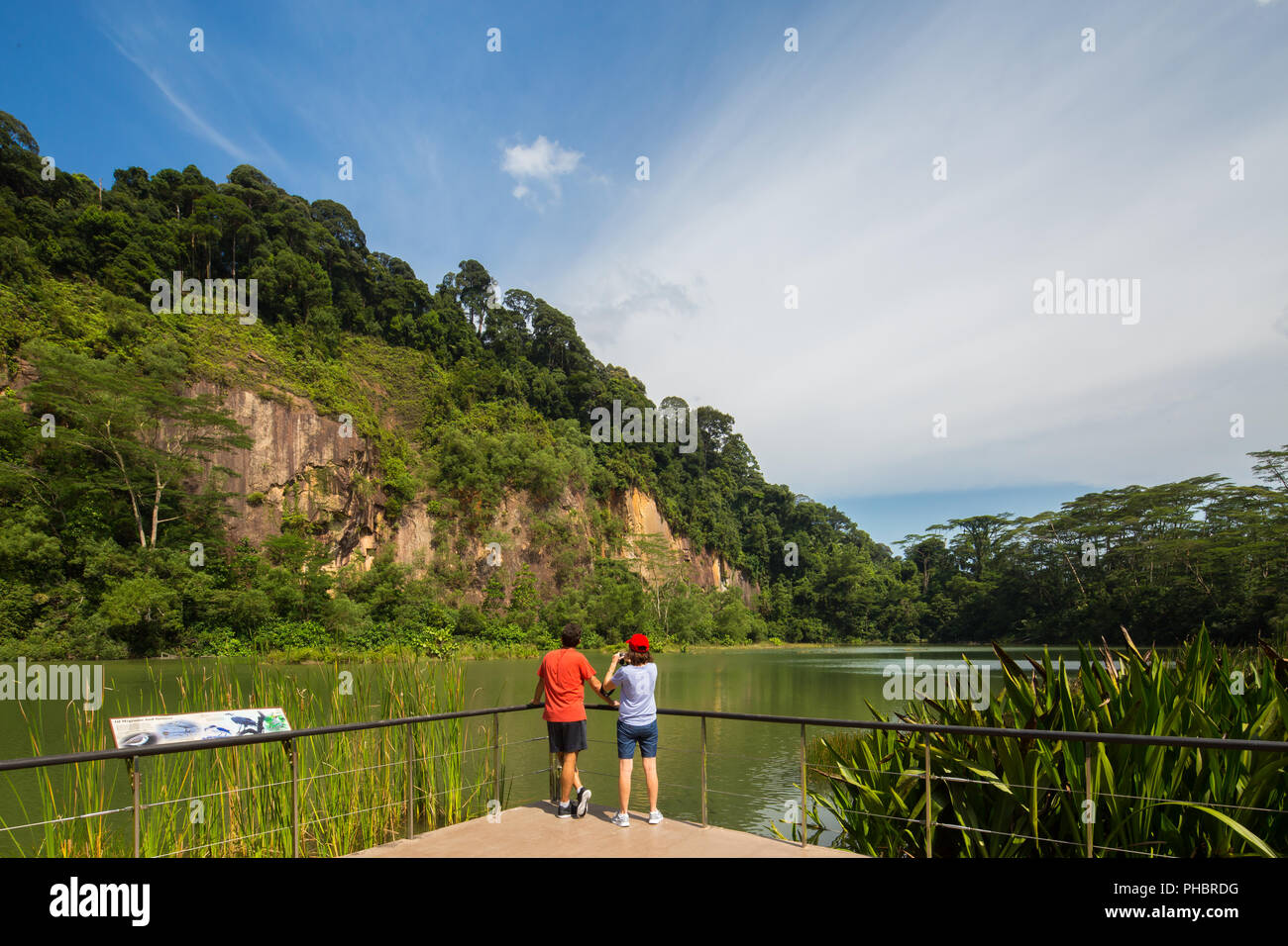 Back view of caucasian couple standing on the platform viewing deck ...
