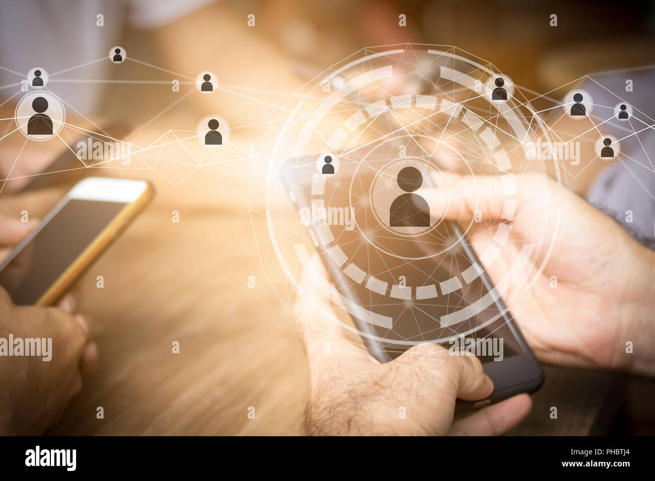 Connection and technology concept, group of man use phone to contact ...