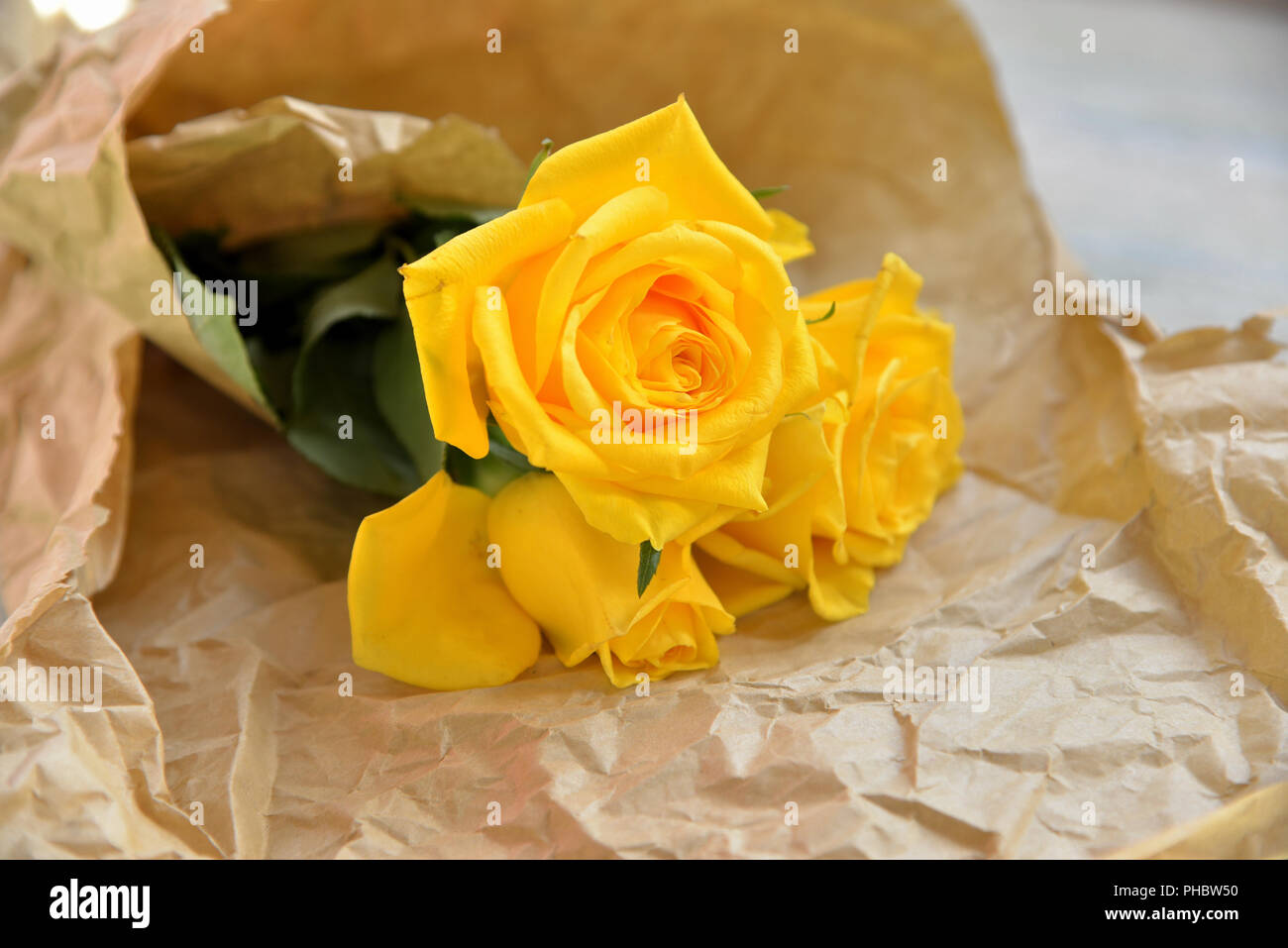 Yellow roses brown paper bag Stock Photo - Alamy