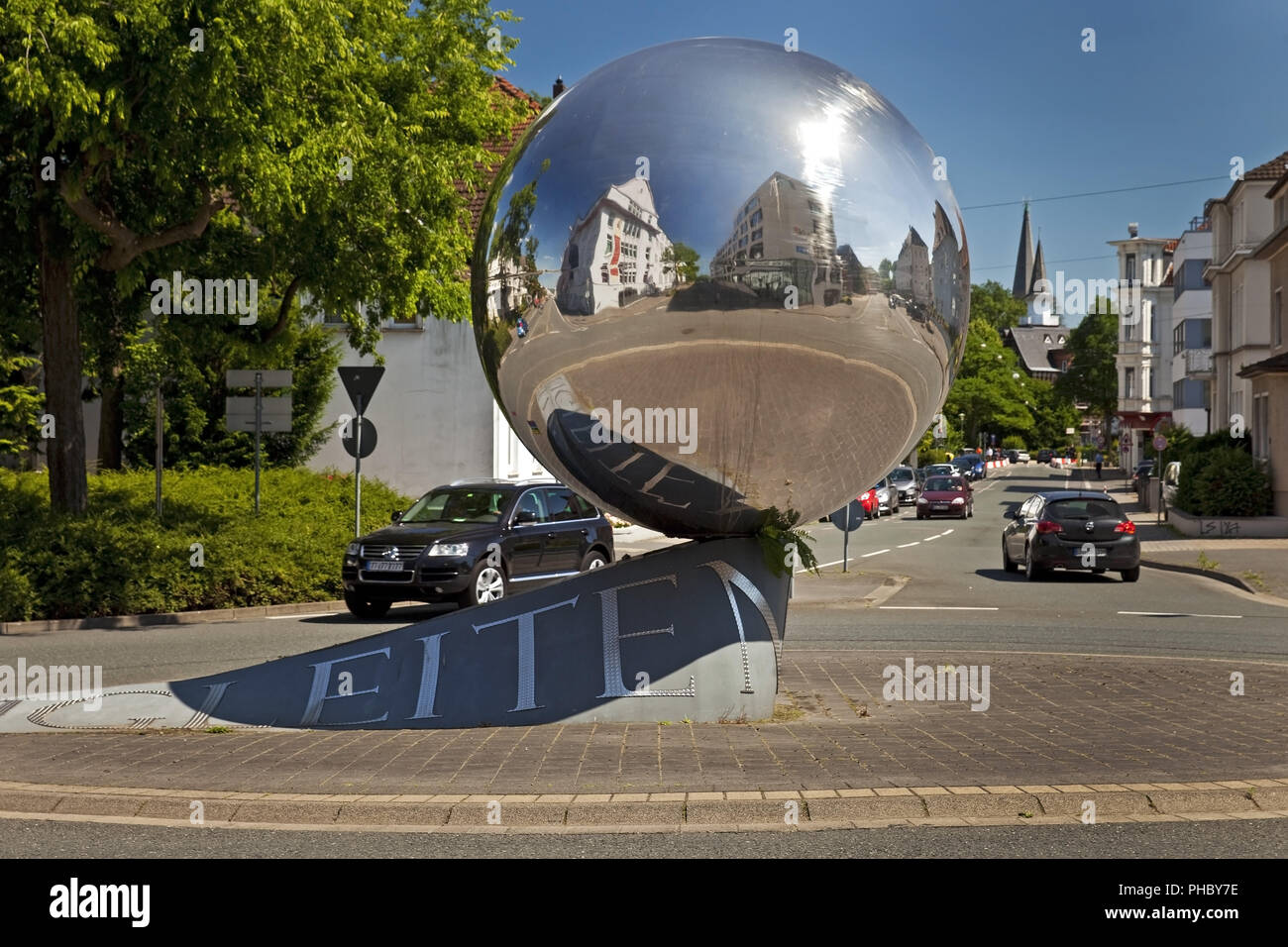 artwork stainless steel sphere near MARTa museum, Herford, North Rhine ...