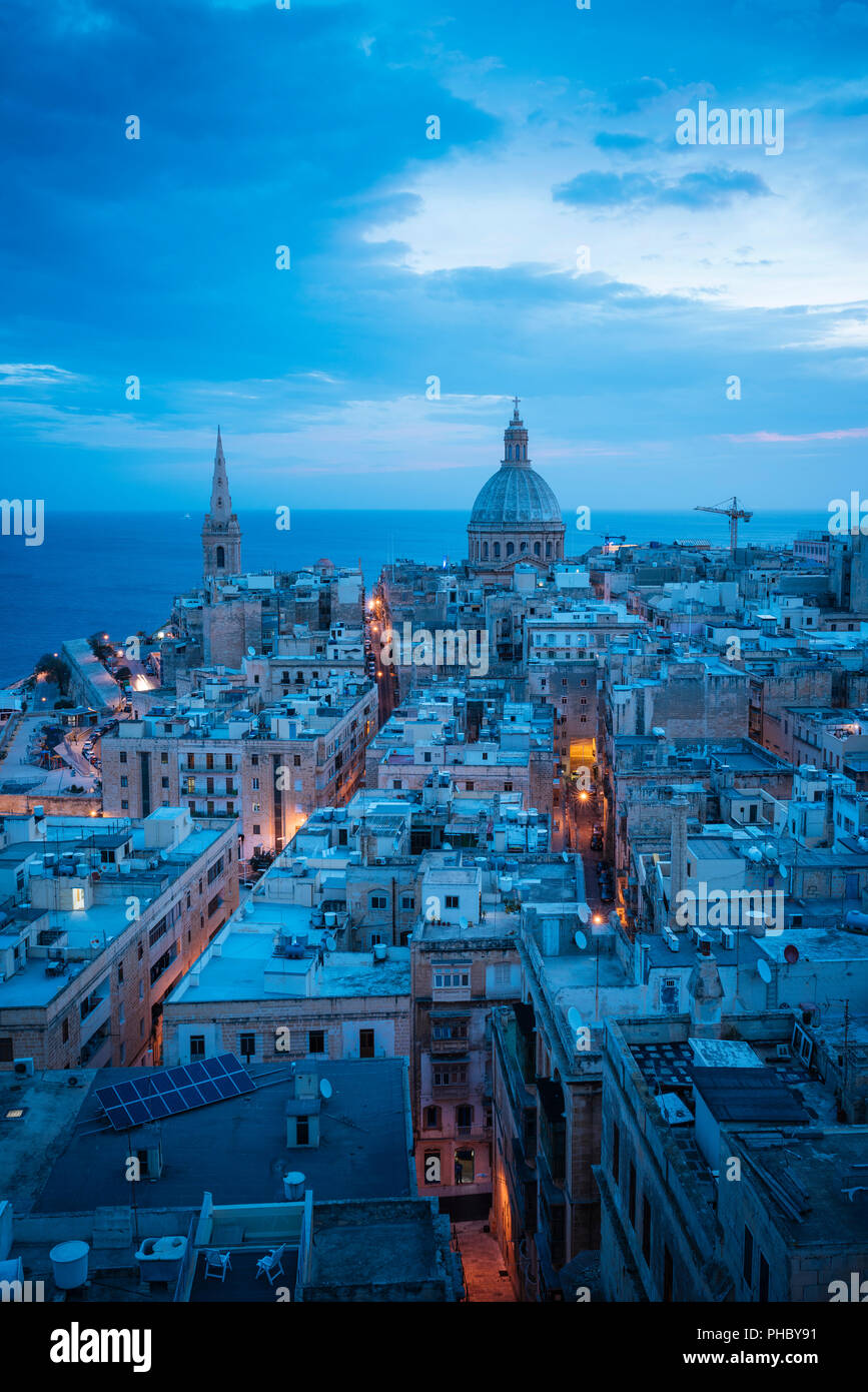 Aerial view of Valletta skyline at night, Valletta, Malta, Europe Stock ...
