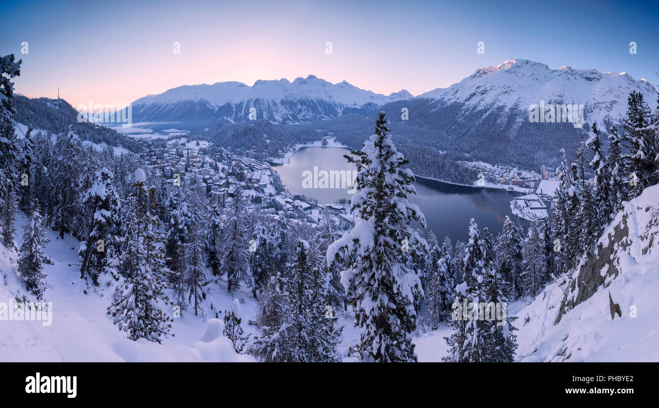 Panoramic of village and Lake of St. Moritz covered with snow, Engadine ...