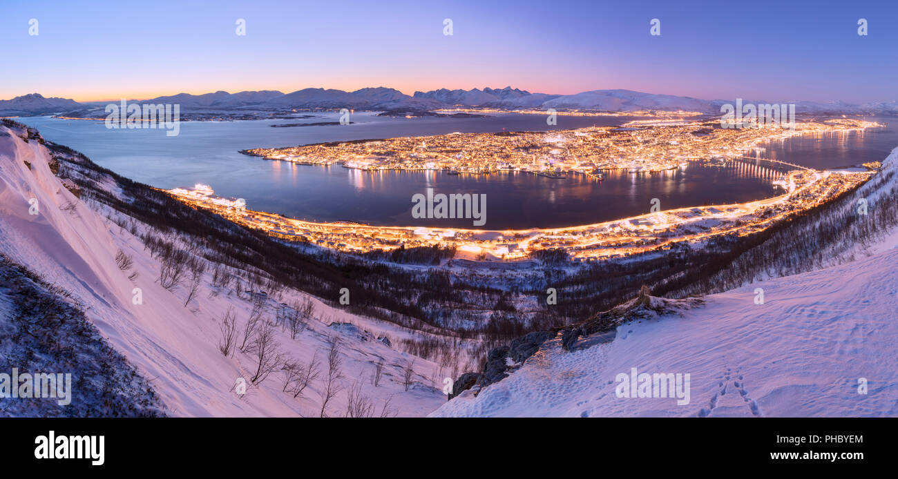 Panoramic of Troms seen from Fjellheisen at dusk, Troms county, Norway ...