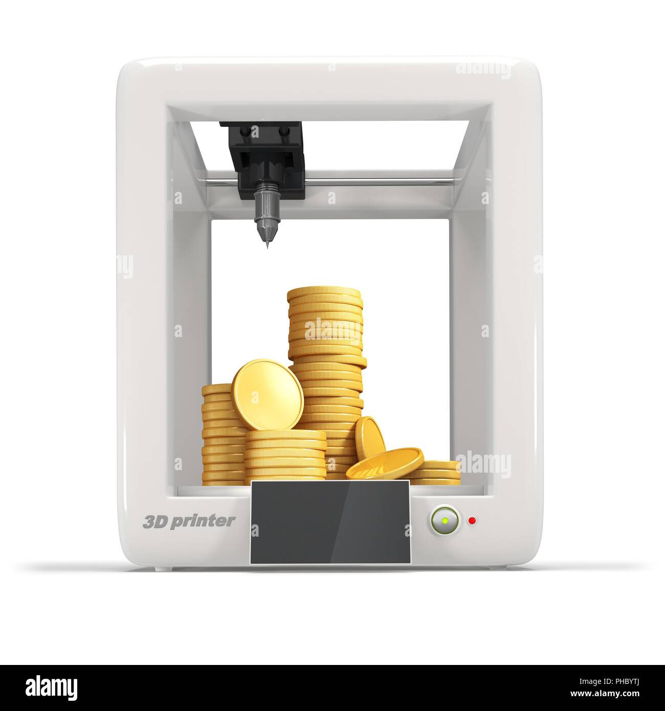 3D printer with stack of golden coins, illustration Stock Photo - Alamy
