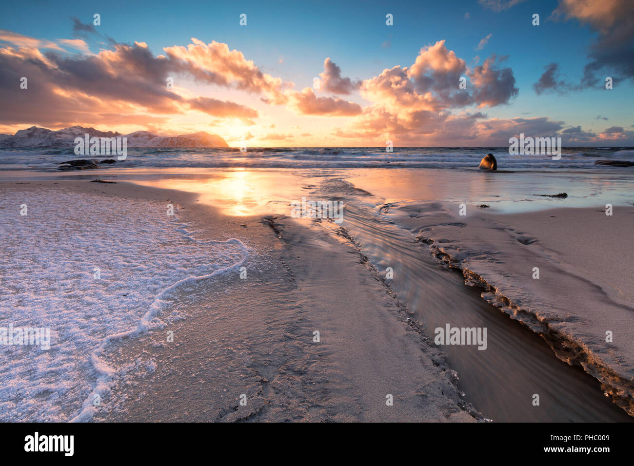 Ice on sand beach, Vikten, Flakstad municipality, Lofoten Islands ...
