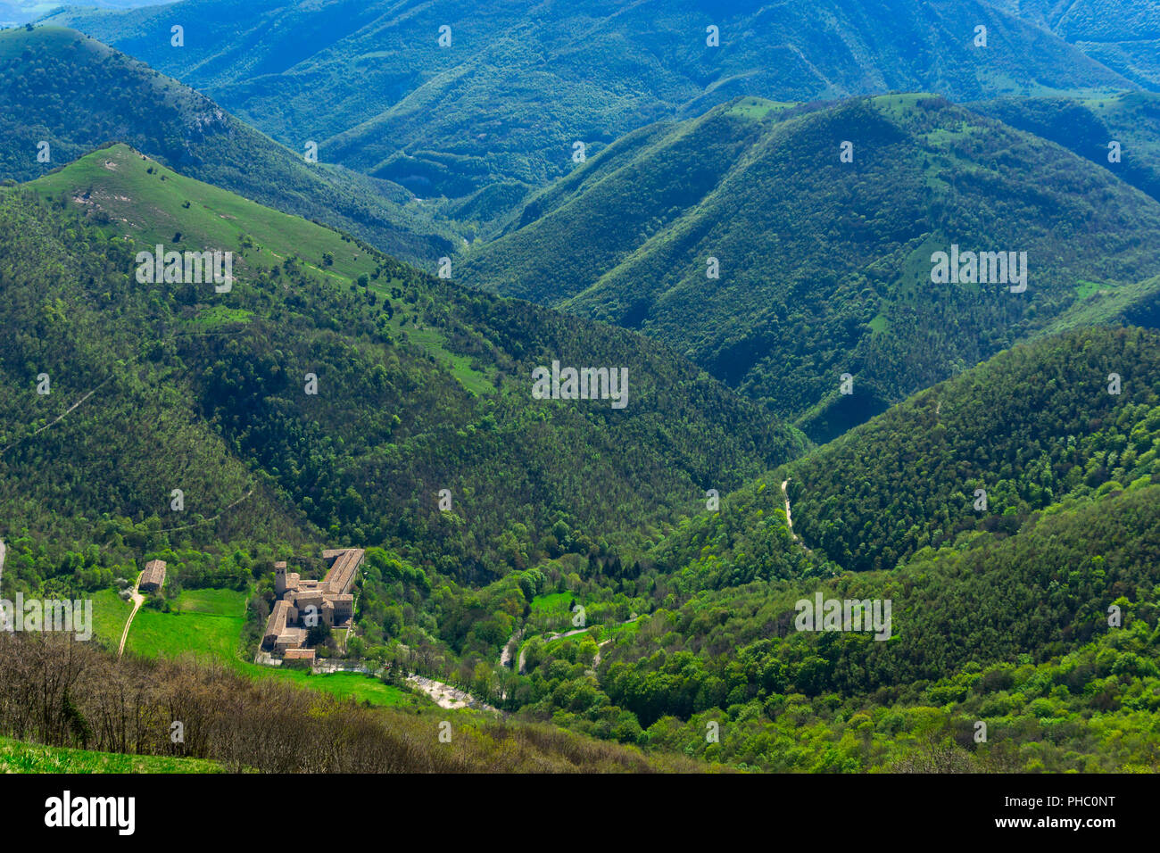 Aerial view of Fonte Avellana Monastery, Mount Catria, Umbria, Italy ...