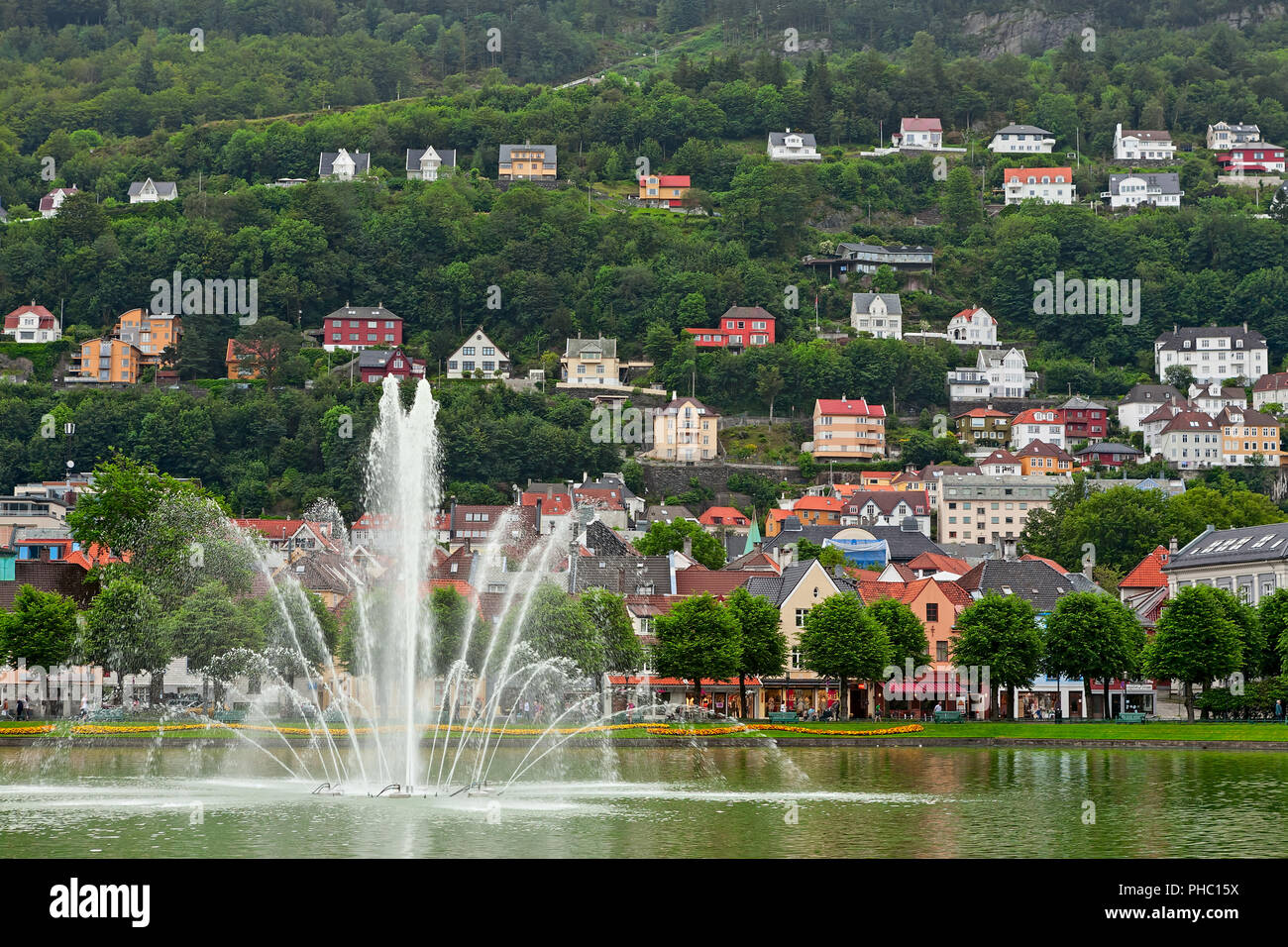 Fountain view in the lake in Bergen, Norway Stock Photo - Alamy