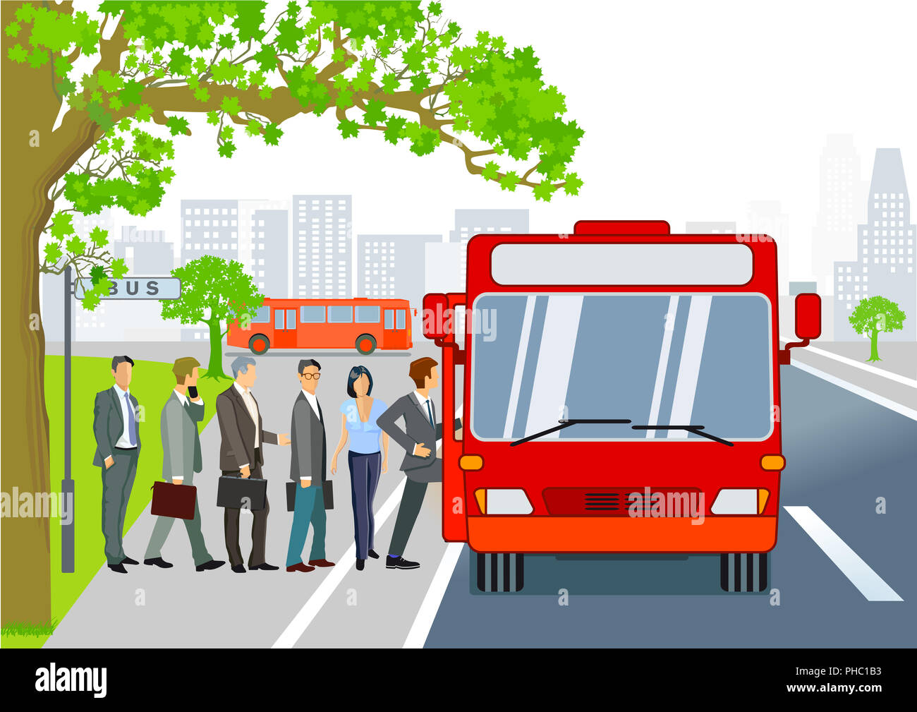 Bus stop with bus and passengers Stock Photo - Alamy