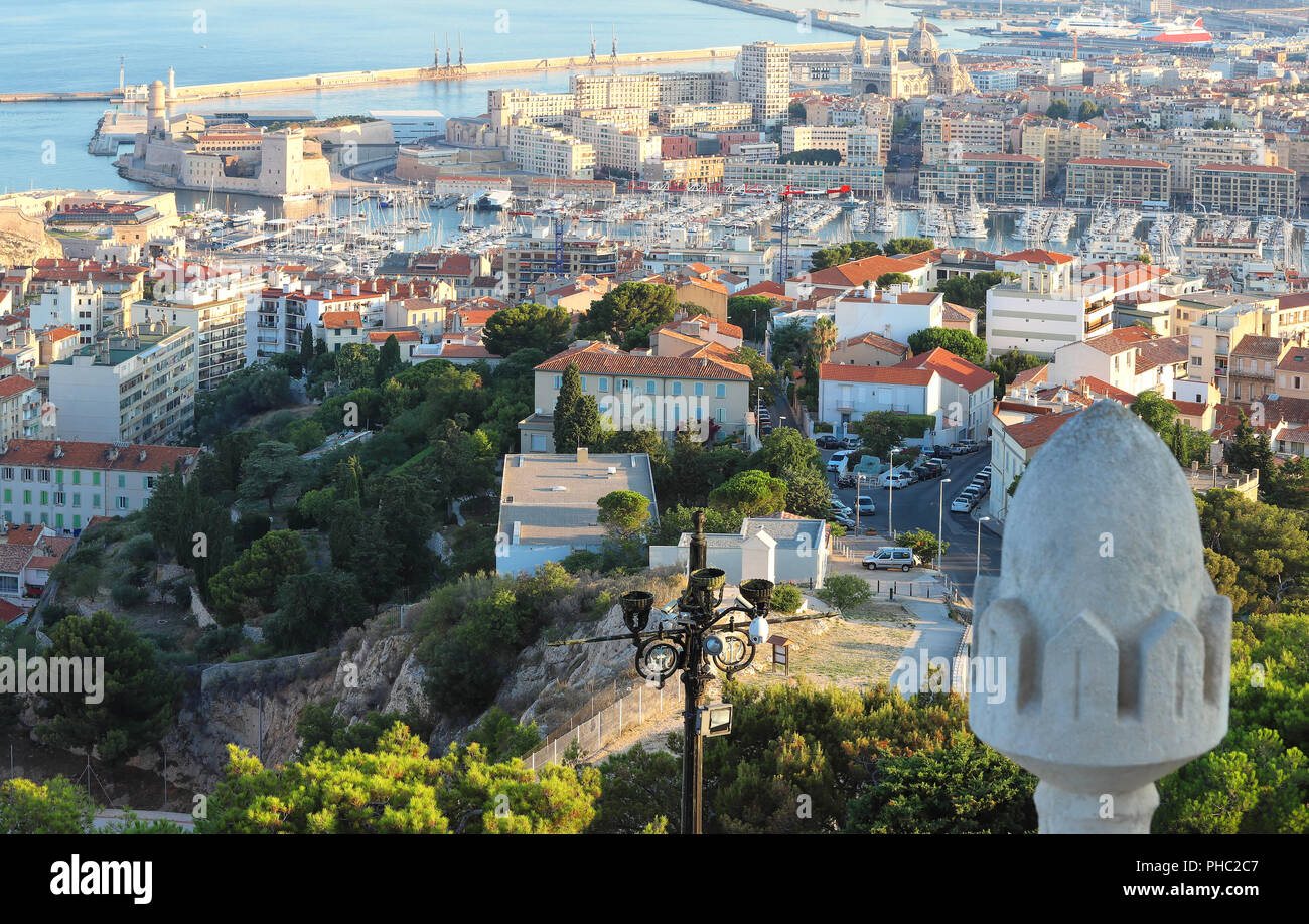 Aerial view of Marseille from basilica of Notre Dame de la Garde in ...