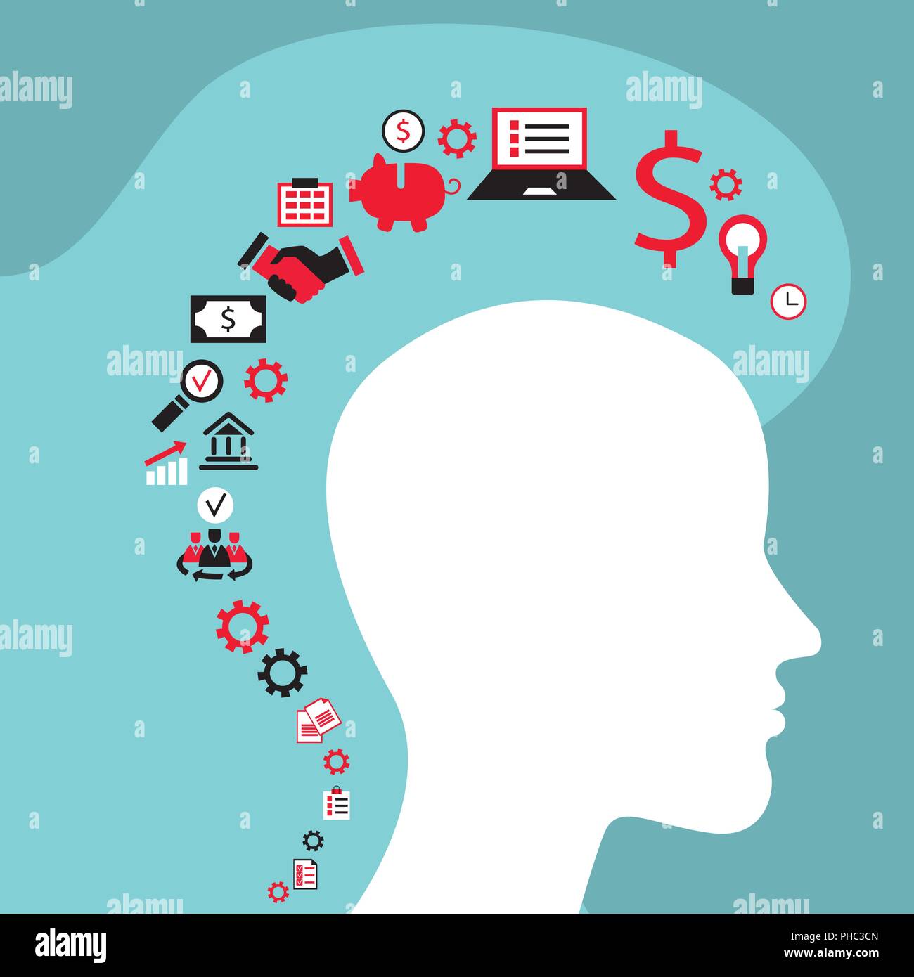 Infographics concept with head profile, brain, gears and business icons ...