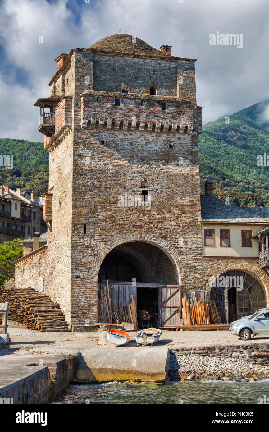 Medieval tower in the port, Iviron monastery, Iveron, Mount Athos ...
