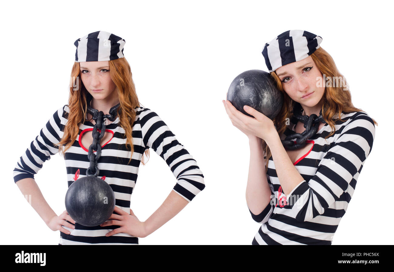 Prisoner in striped uniform on white Stock Photo - Alamy