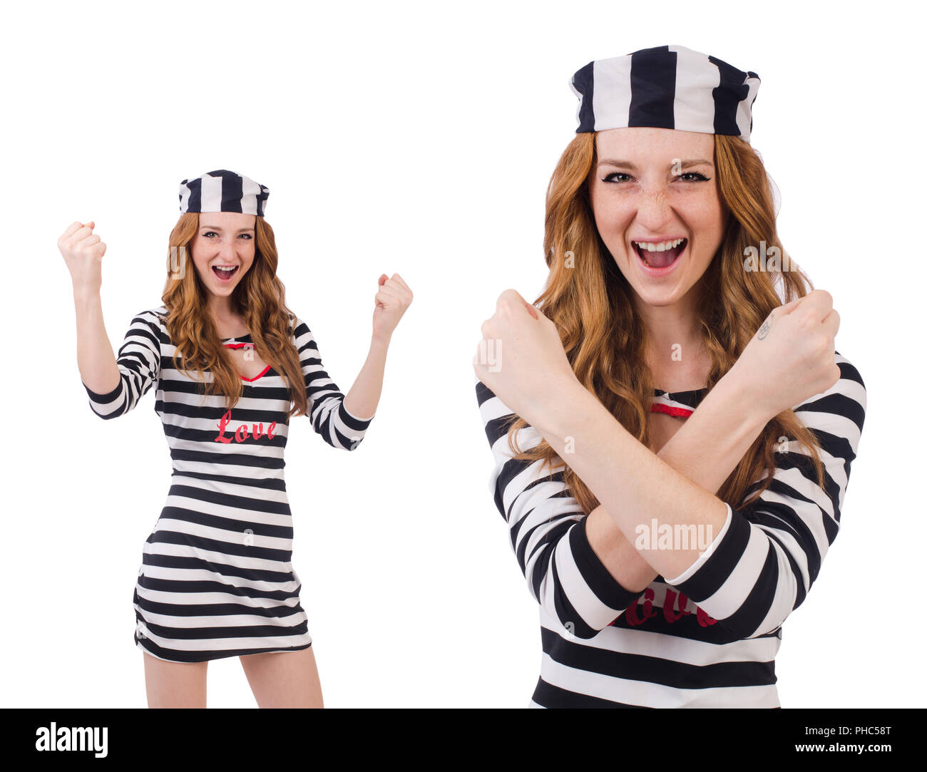 Pretty girl in prisoner uniform isolated on white Stock Photo - Alamy
