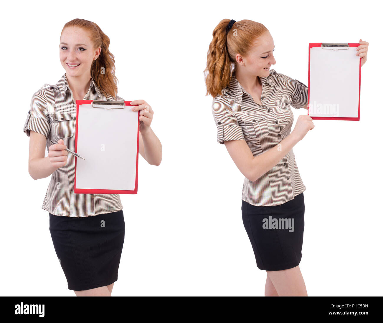 Pretty young employee with paper isolated on white Stock Photo - Alamy