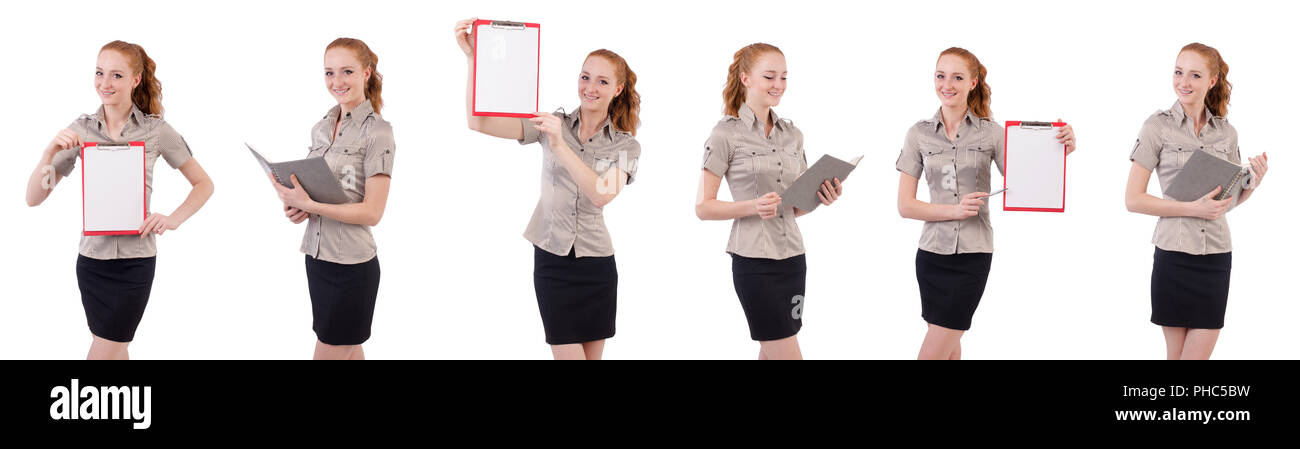 Pretty young employee with paper isolated on white Stock Photo - Alamy