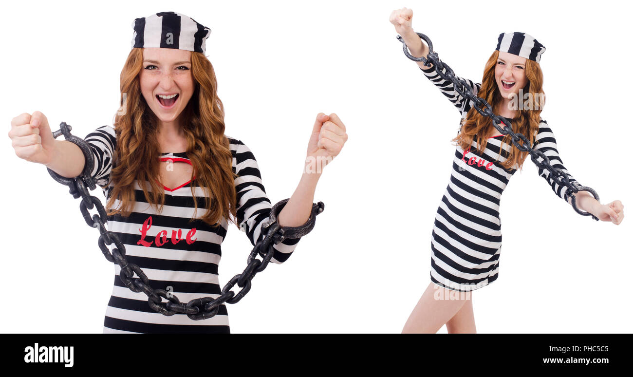 Pretty girl in prisoner uniform isolated on white Stock Photo - Alamy