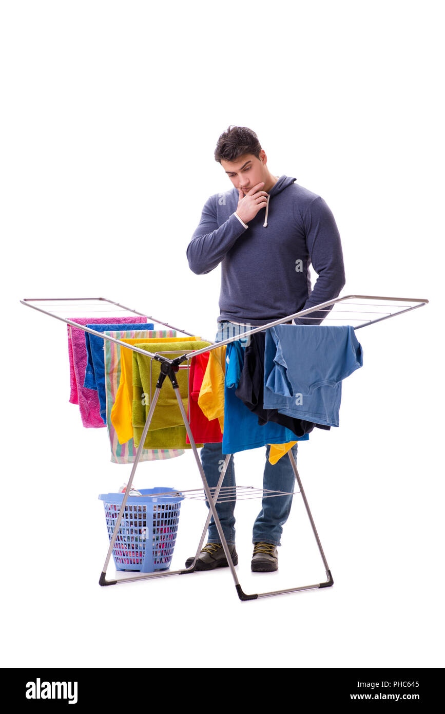 Husband man doing laundry isolated on white Stock Photo - Alamy