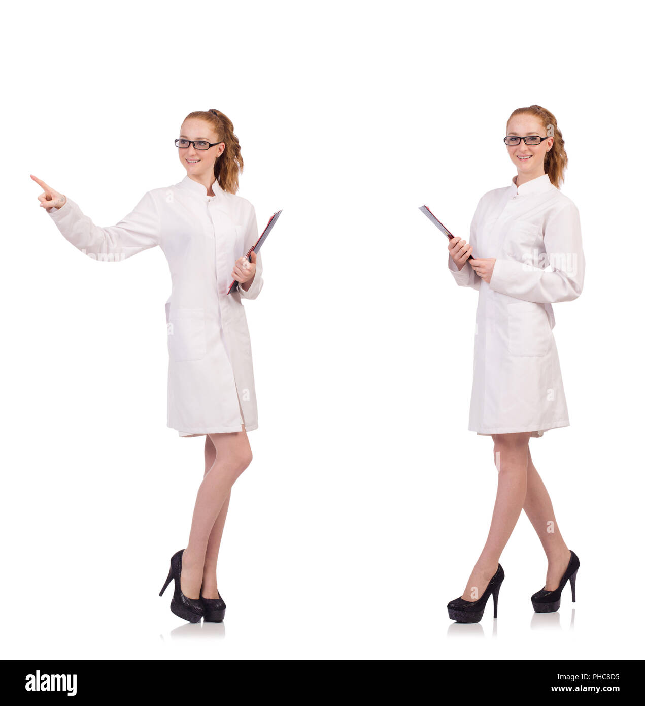 The pretty female doctor holding diary isolated on white Stock Photo ...