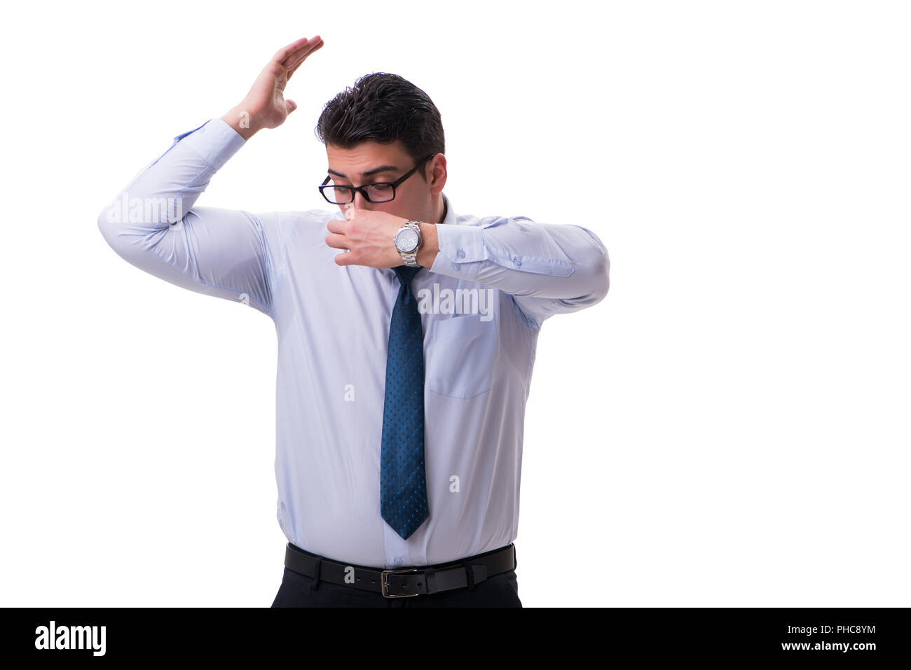 Businessman sweating excessively smelling bad isolated on white Stock ...
