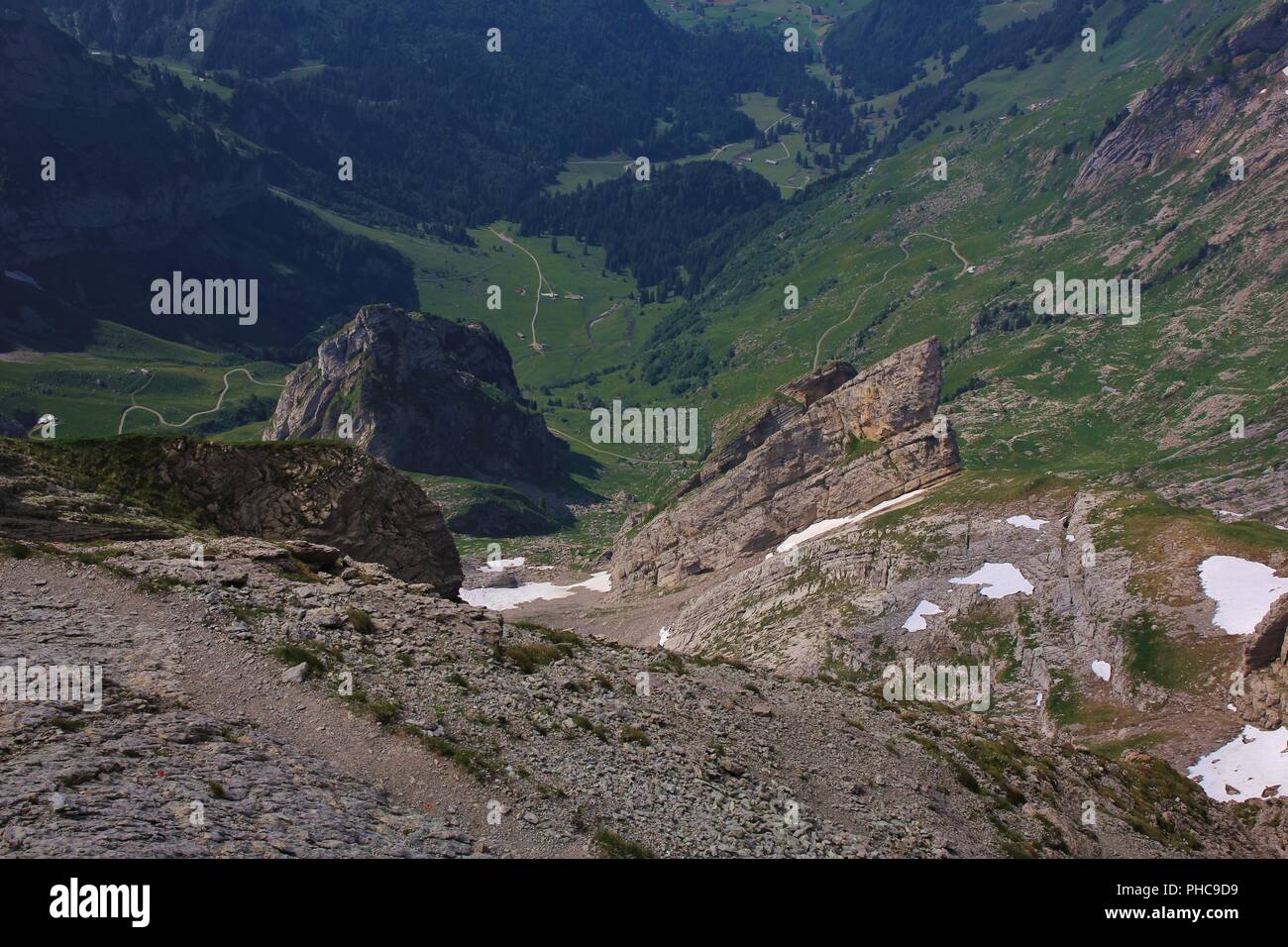 Visible rock layer and Thurwis, view from Mount Santis Stock Photo - Alamy