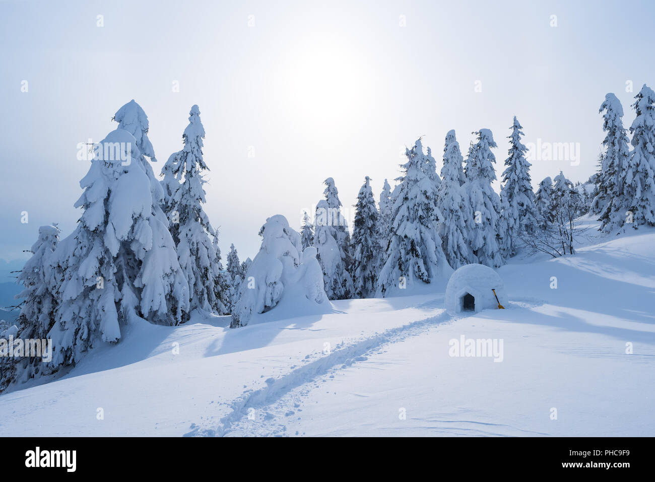 Snow igloo. Winter in the mountains. Landscape with shelter for extreme ...
