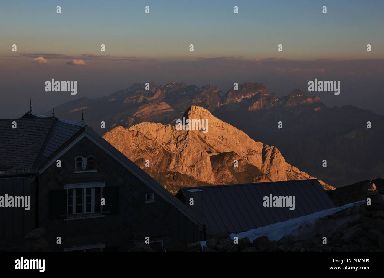 Golden mountains of the Alpstein Range. View from Mount Santis Stock ...