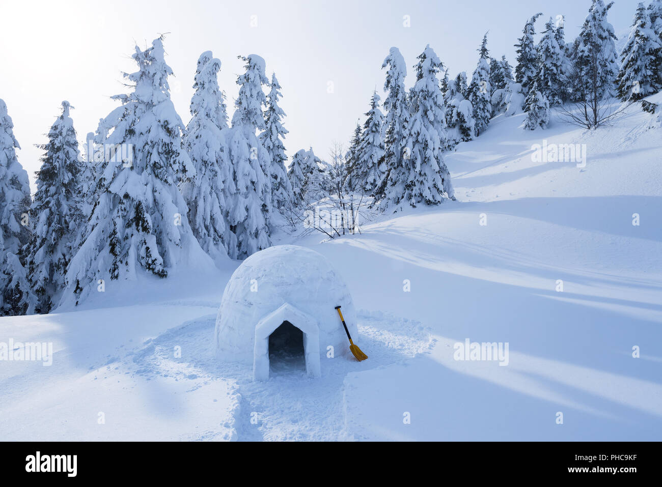Snow igloo. Winter in the mountains. Landscape with shelter for extreme ...