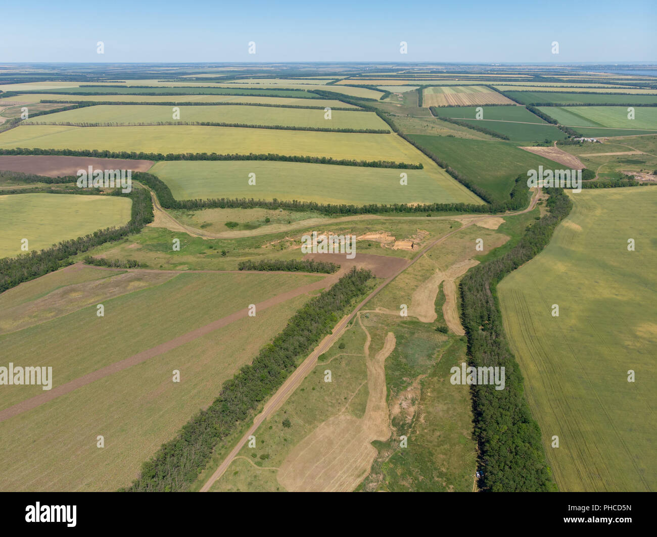 Green and yellow fields before harvesting. Top aerial view made by ...