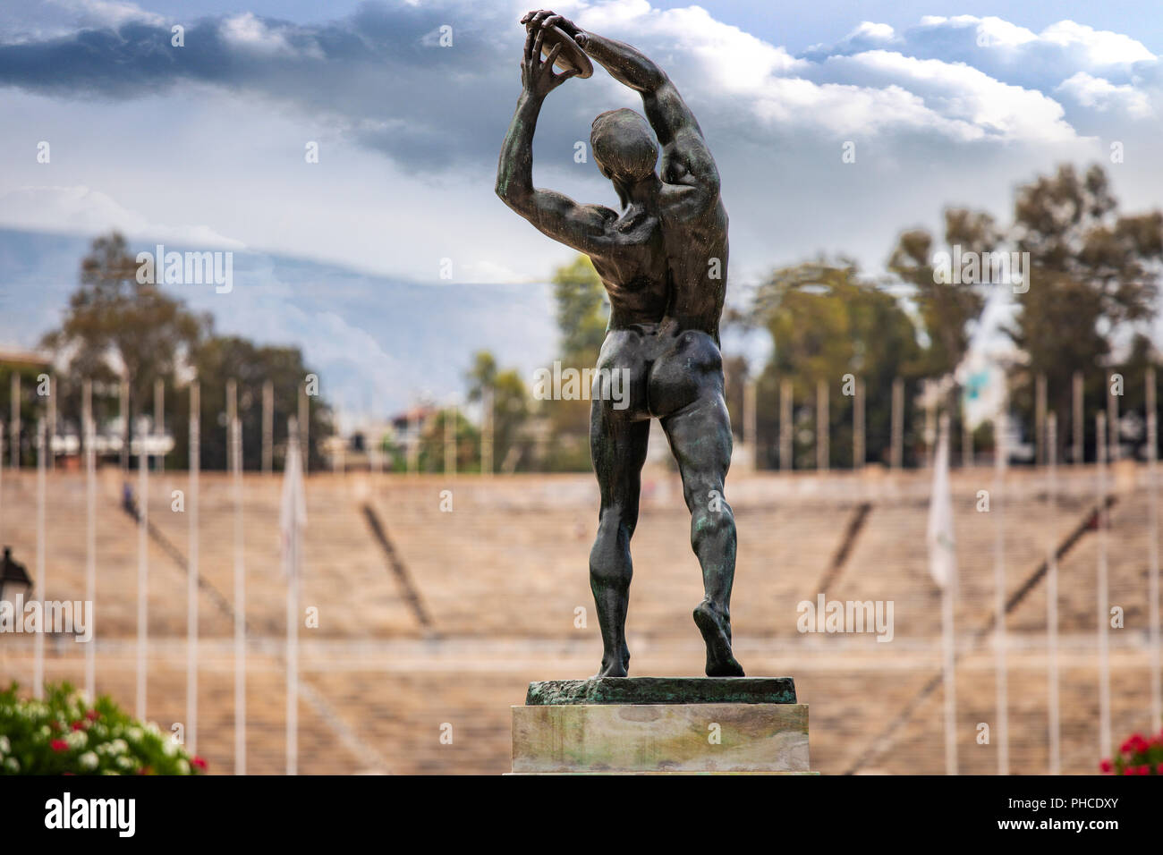 Disk throwing statue in front of the Panathenaic (Kallimarmaro) Olympic ...