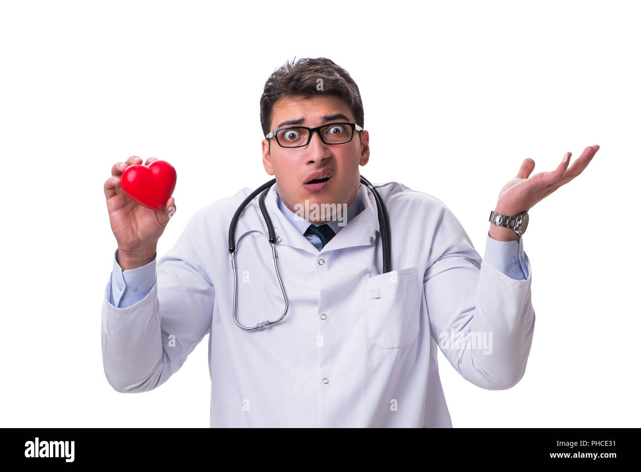 Young male cardiologist doctor holding a heart isolated on white Stock ...