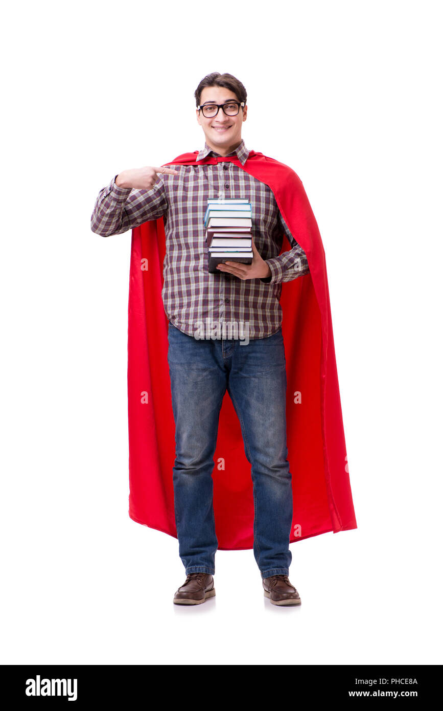 Super hero student with books isolated on white Stock Photo - Alamy