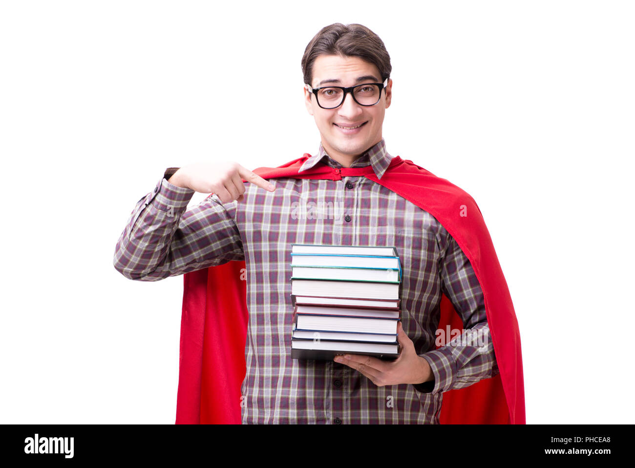 Super hero student with books isolated on white Stock Photo - Alamy