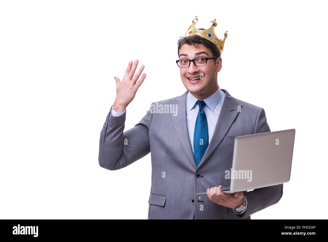 king businessman holding a laptop isolated on white background Stock ...