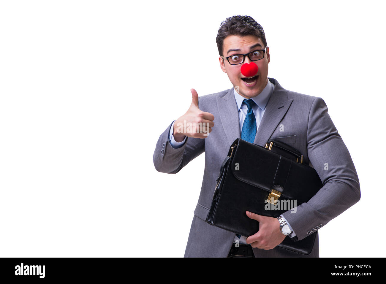 Funny clown with briefcase on white Stock Photo - Alamy