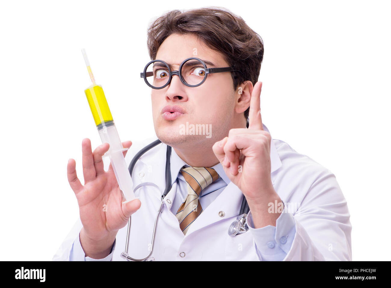 Funny doctor with syringe isolated on white Stock Photo - Alamy